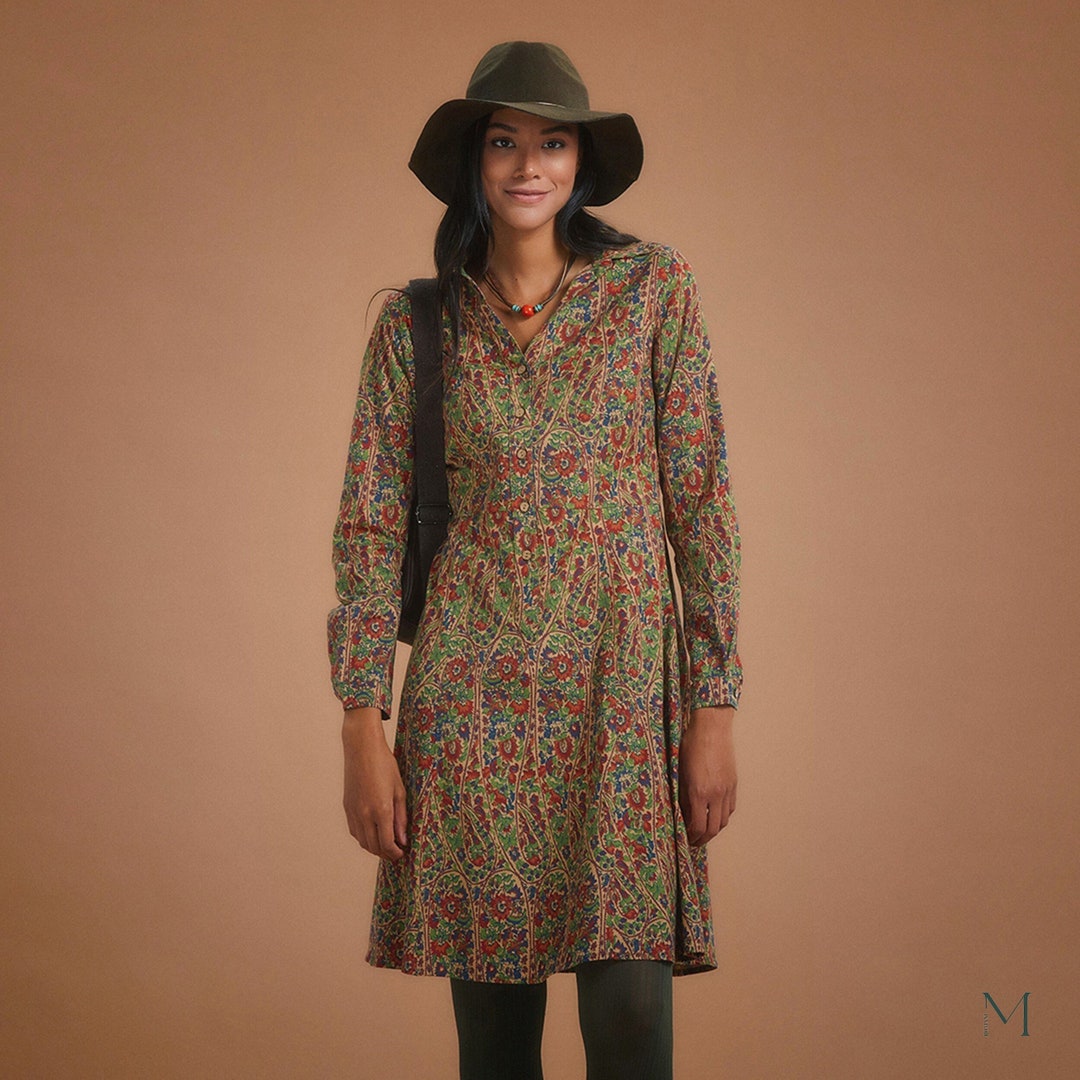 Green Floral Midi Day Dress, 1920s Clothing, Bohemian Festival, 90s ...