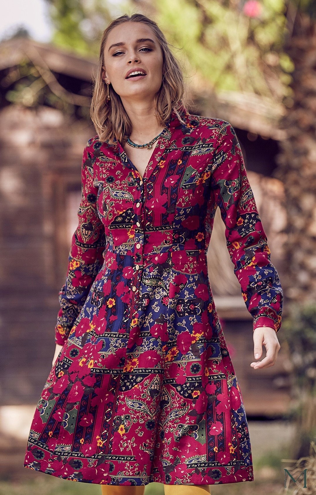 Boho Floral Dress, Paisley Pattern, Shirt Neck, Button Closure, Long ...