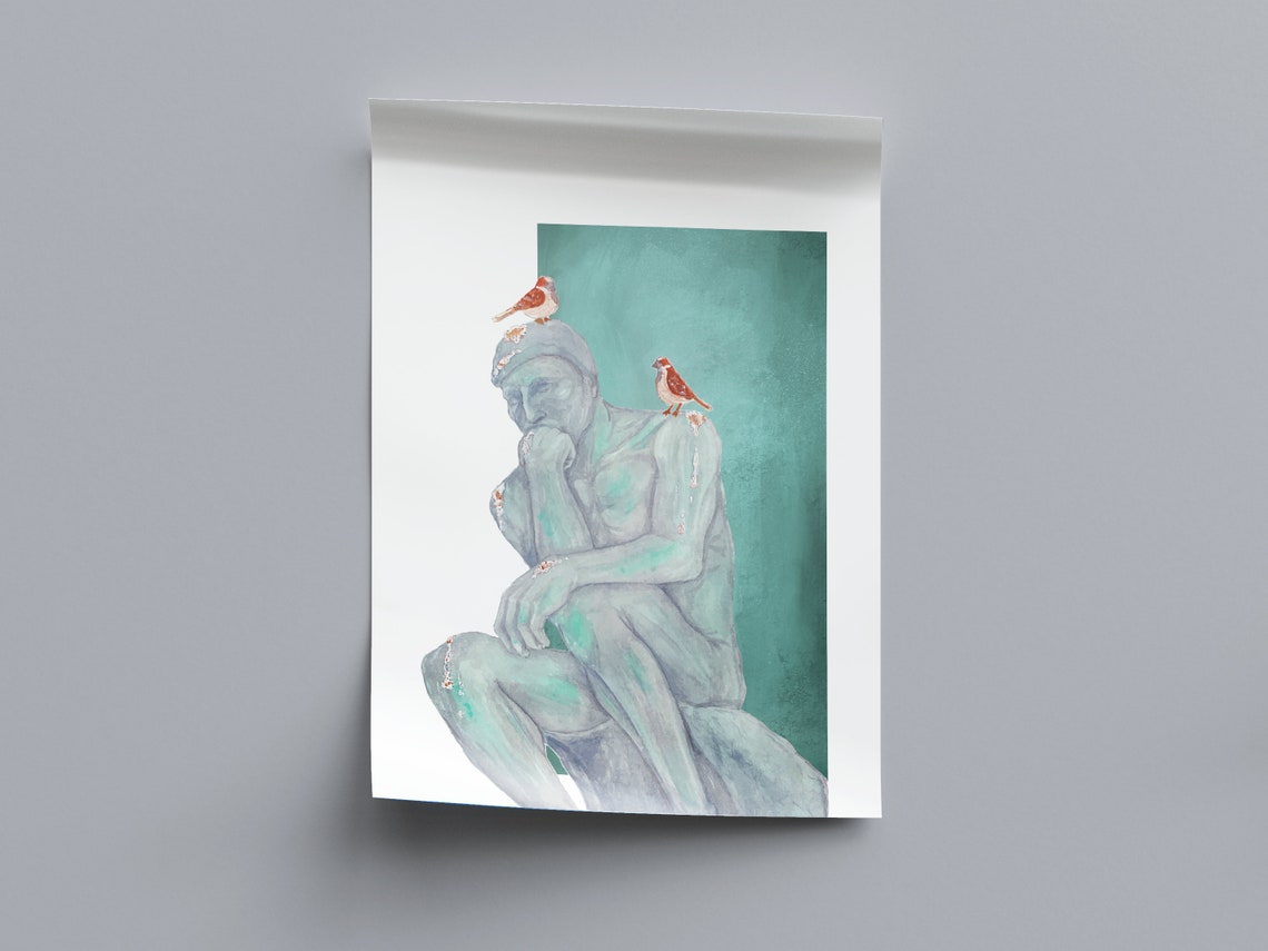 Thinker and the Sparrows Art Print, Illustration, Watercolour, for Home ...