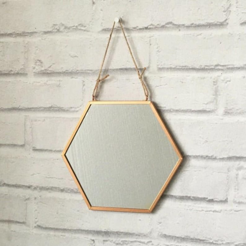 Small Gold Hanging Hexagon Wall Mirror Metal Rope Geometric Modern ...