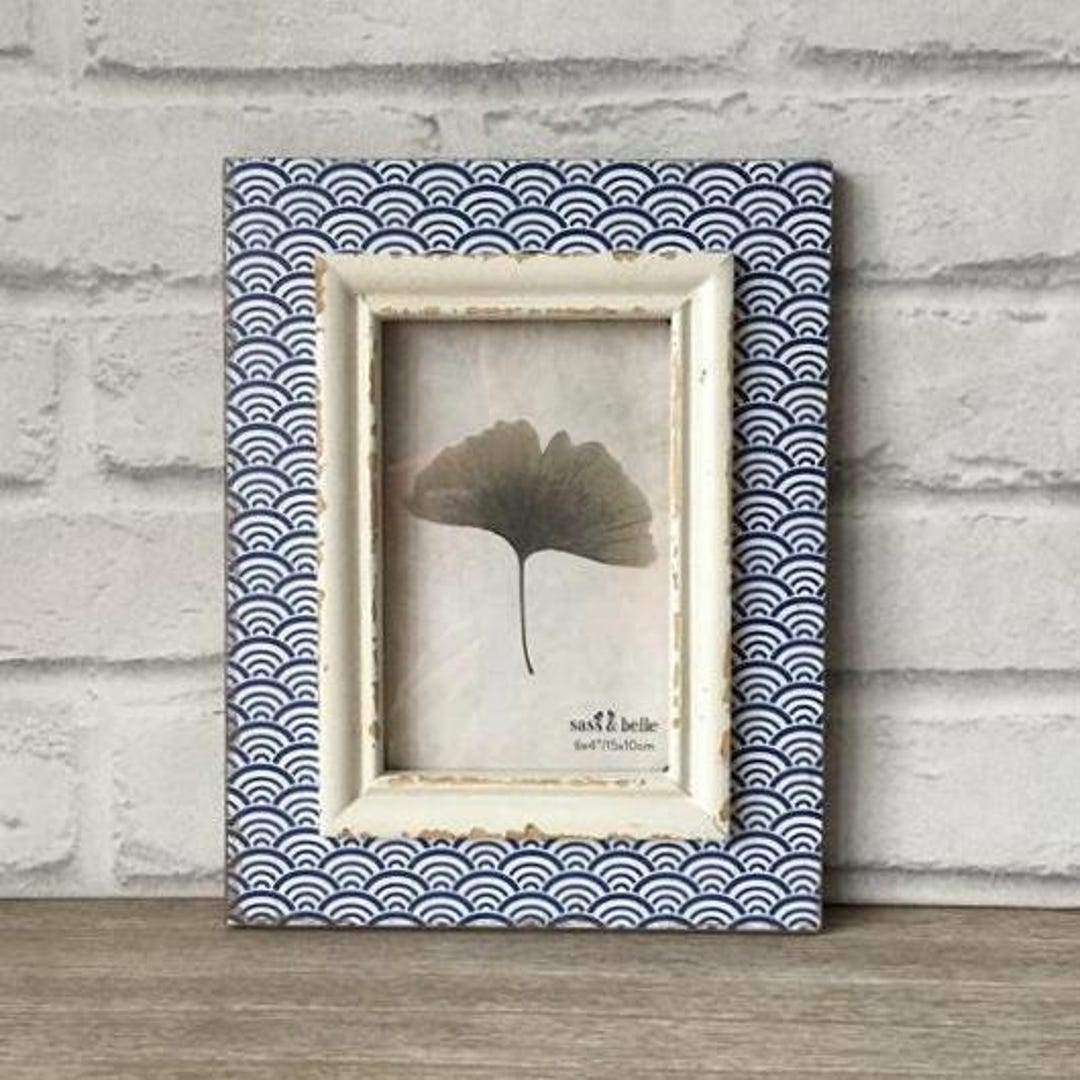 Boho Blue Japandi 4x6" Standing Photo Frame Japanese Scandi Style Wood ...