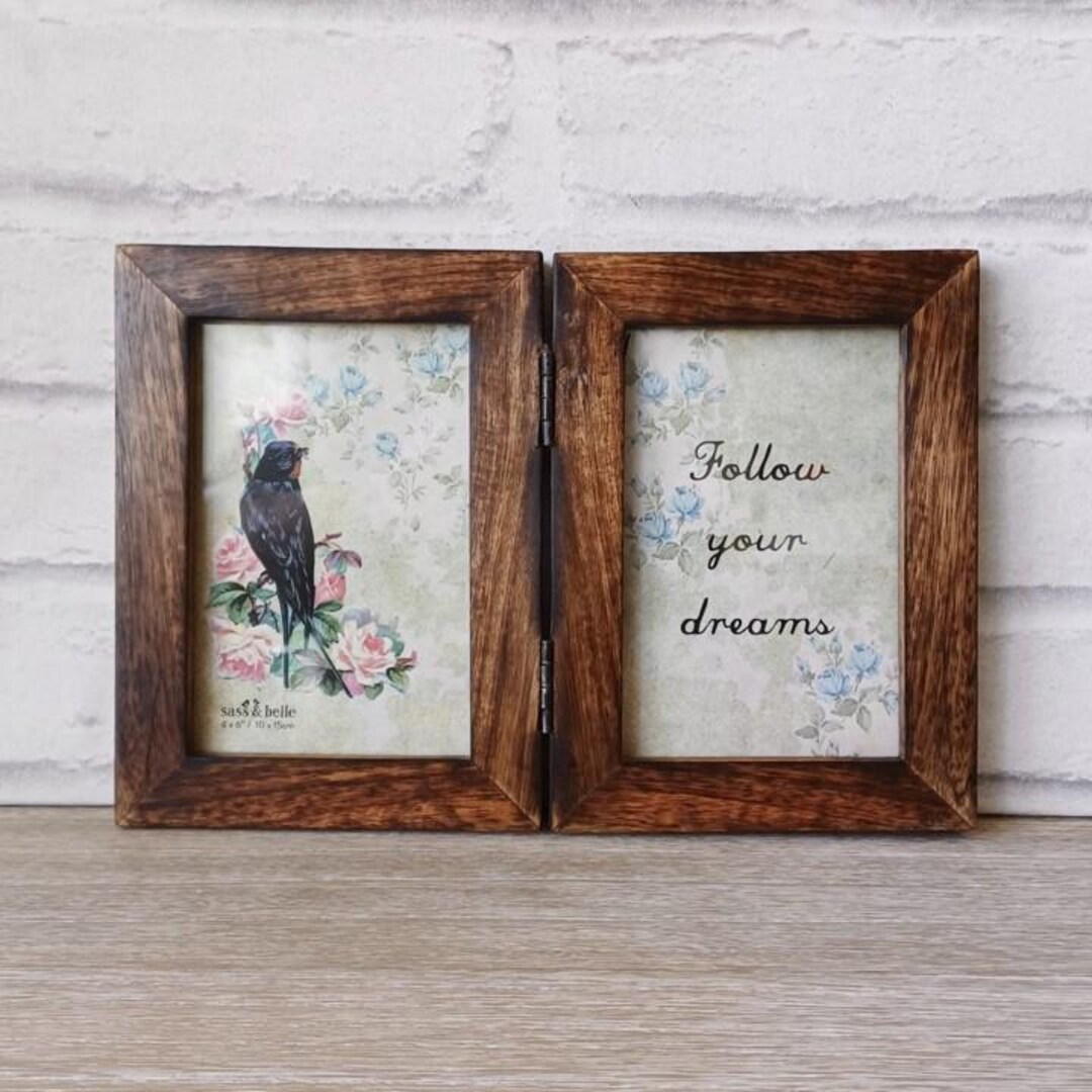 4x6" Folding Freestanding Double Photo Frame Frames Dark Mango Wood ...