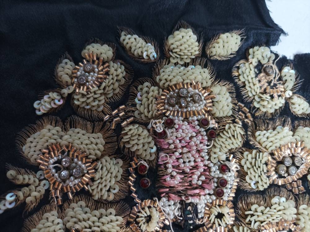 Antique Gold Thread and Glass Beads Embroidery on Black Fabric - Etsy