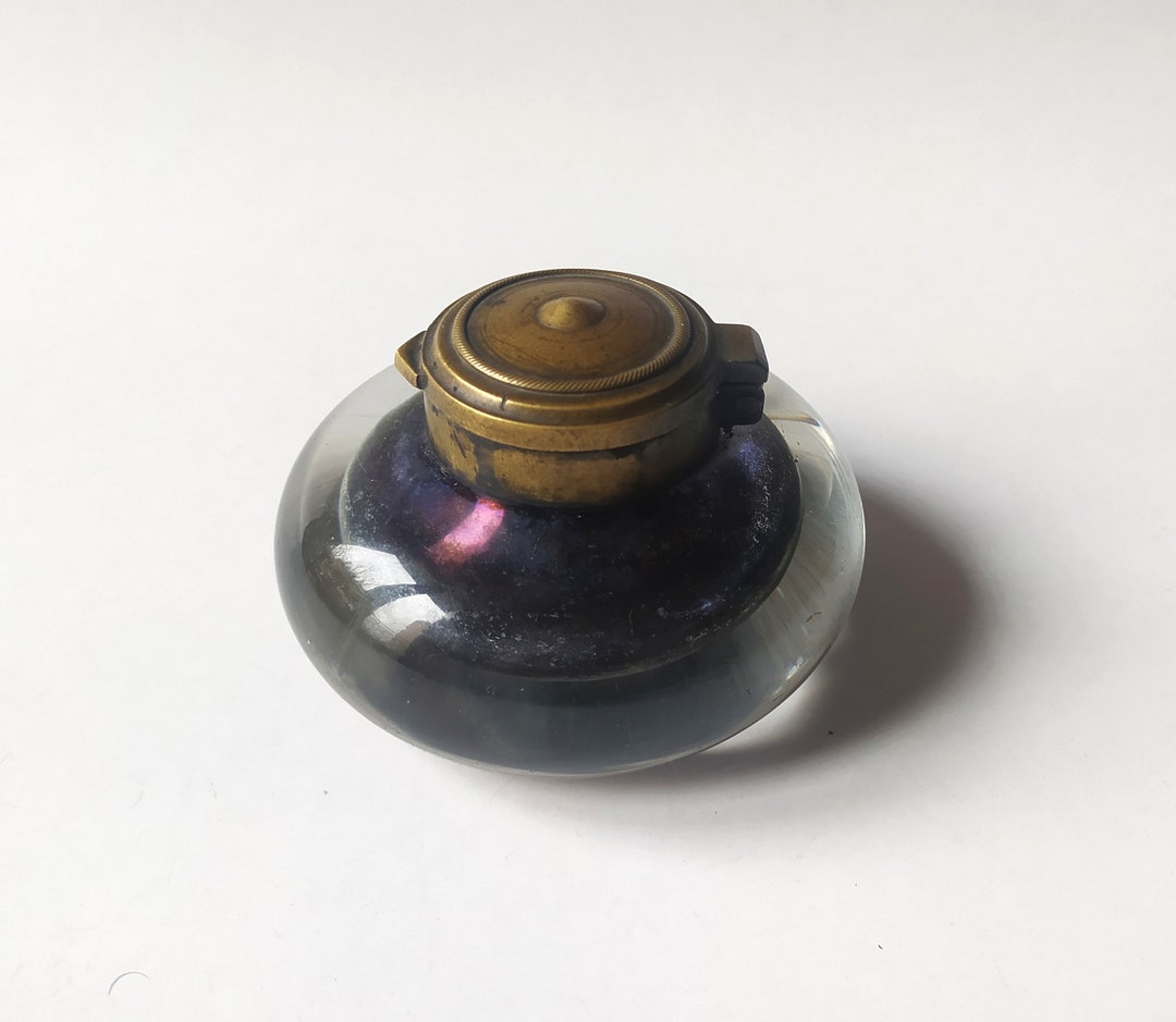 Antique Heavy Clear Glass and Brass Lid Inkwell / Thick Round Ink Well ...