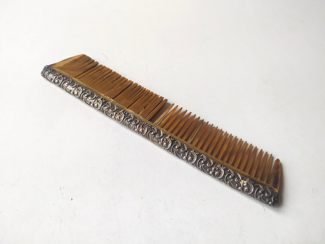 Antique Sterling and Horn Hair Comb / 1800's Silver Relief / Handmade ...