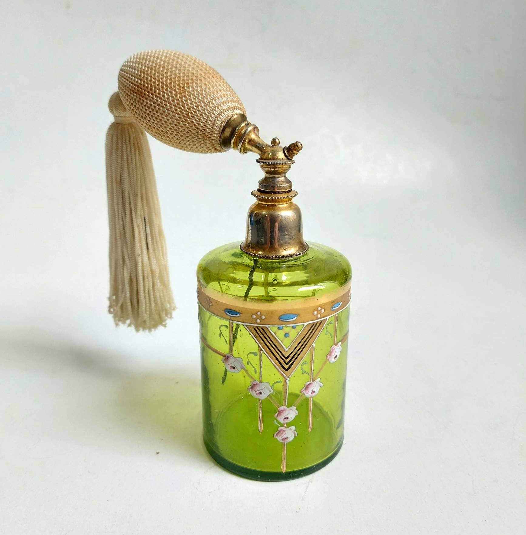 Antique Hand Painted Green Blown Glass Perfume Bottle Atomizer / Gold ...