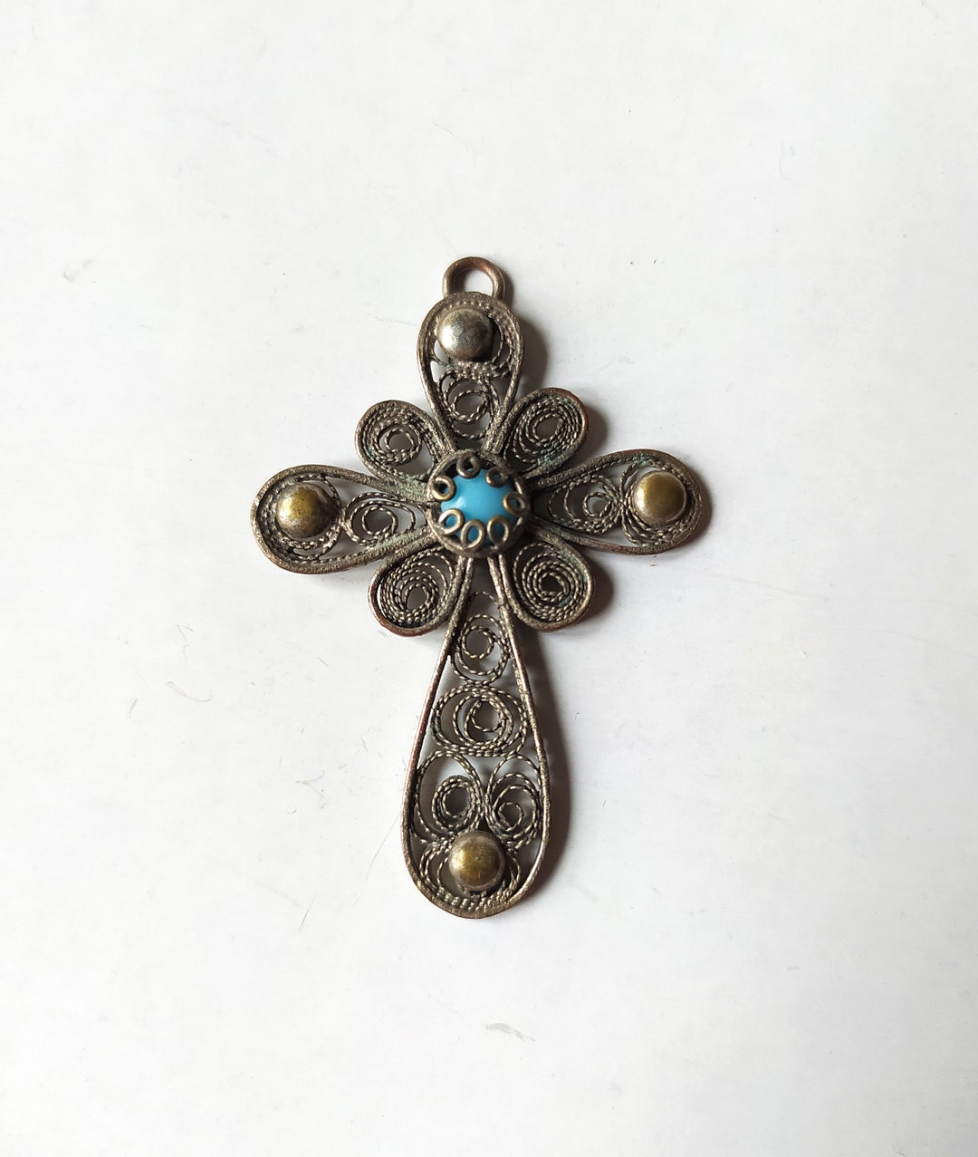 Antique Silver Plated Filigree Cross Necklace Pendant / Blue Bead ...