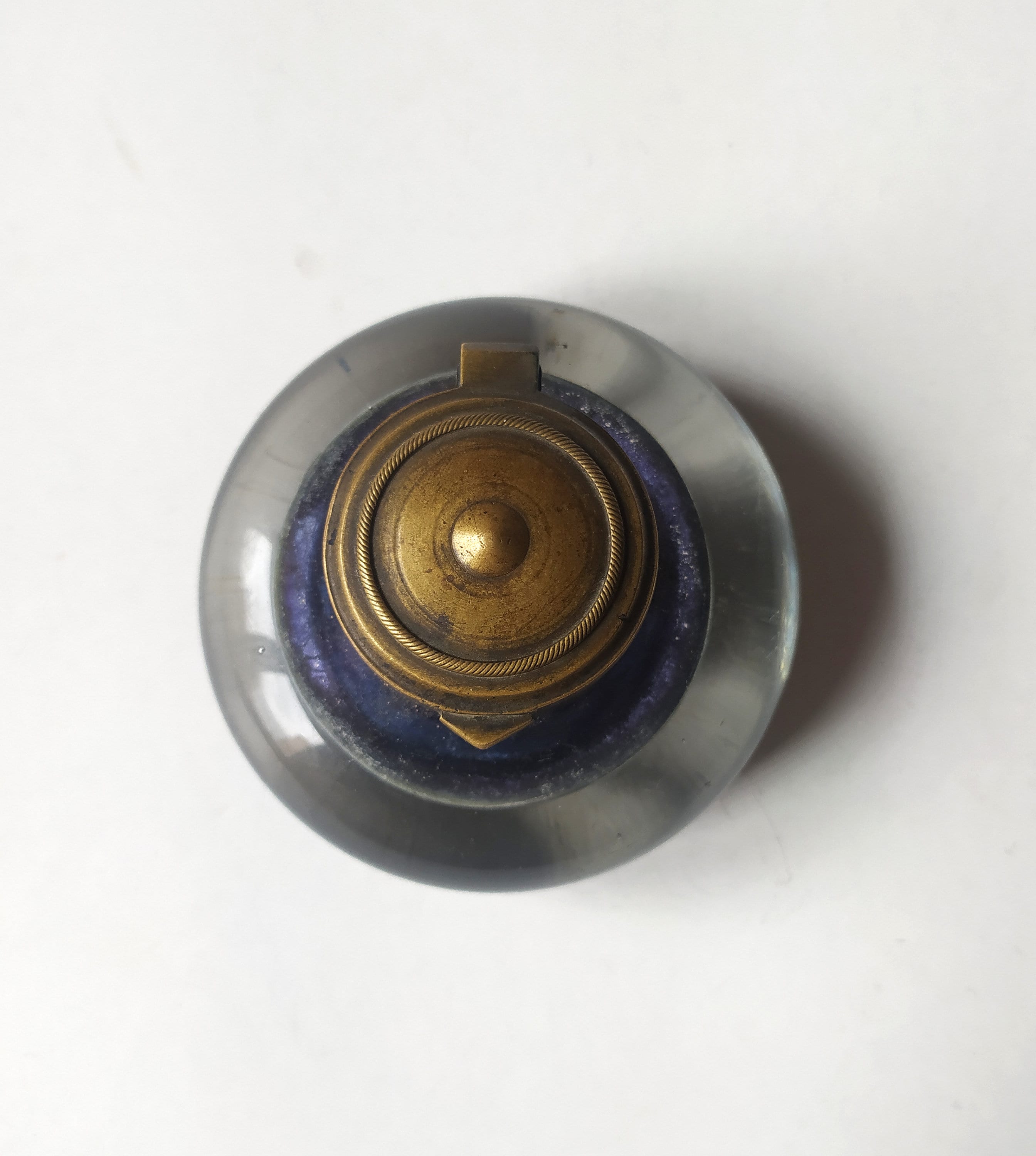 Antique Heavy Clear Glass and Brass Lid Inkwell / Thick Round Ink Well ...