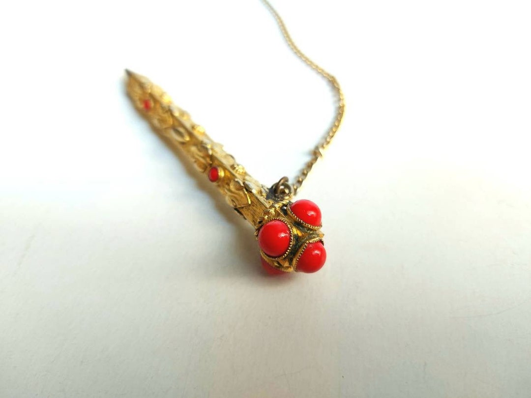 Vintage Metallic Ballpoint Pen With Chain / Gold Tone Metal With Red ...
