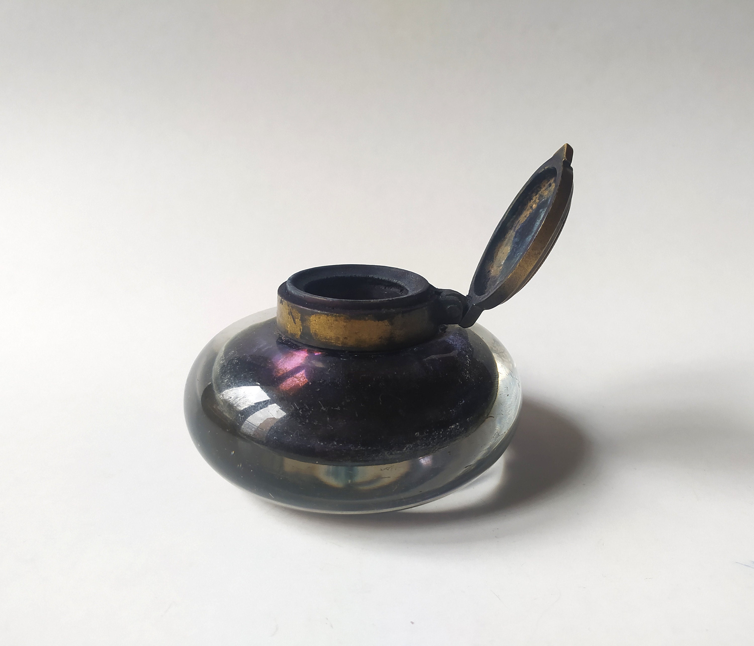 Antique Heavy Clear Glass and Brass Lid Inkwell / Thick Round Ink Well ...