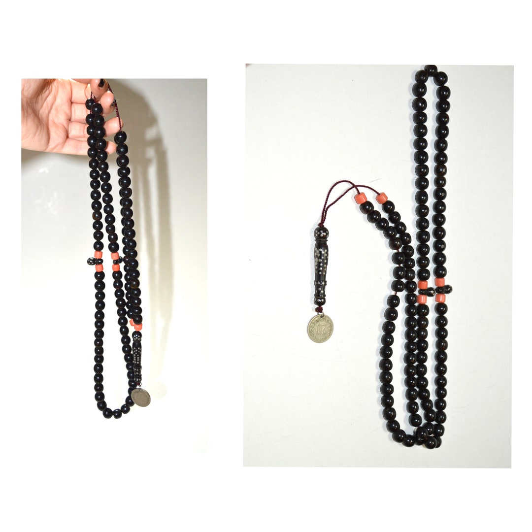Old Natural Black Coral 99 Beads / Islamic Prayer Inlay Rosary ...