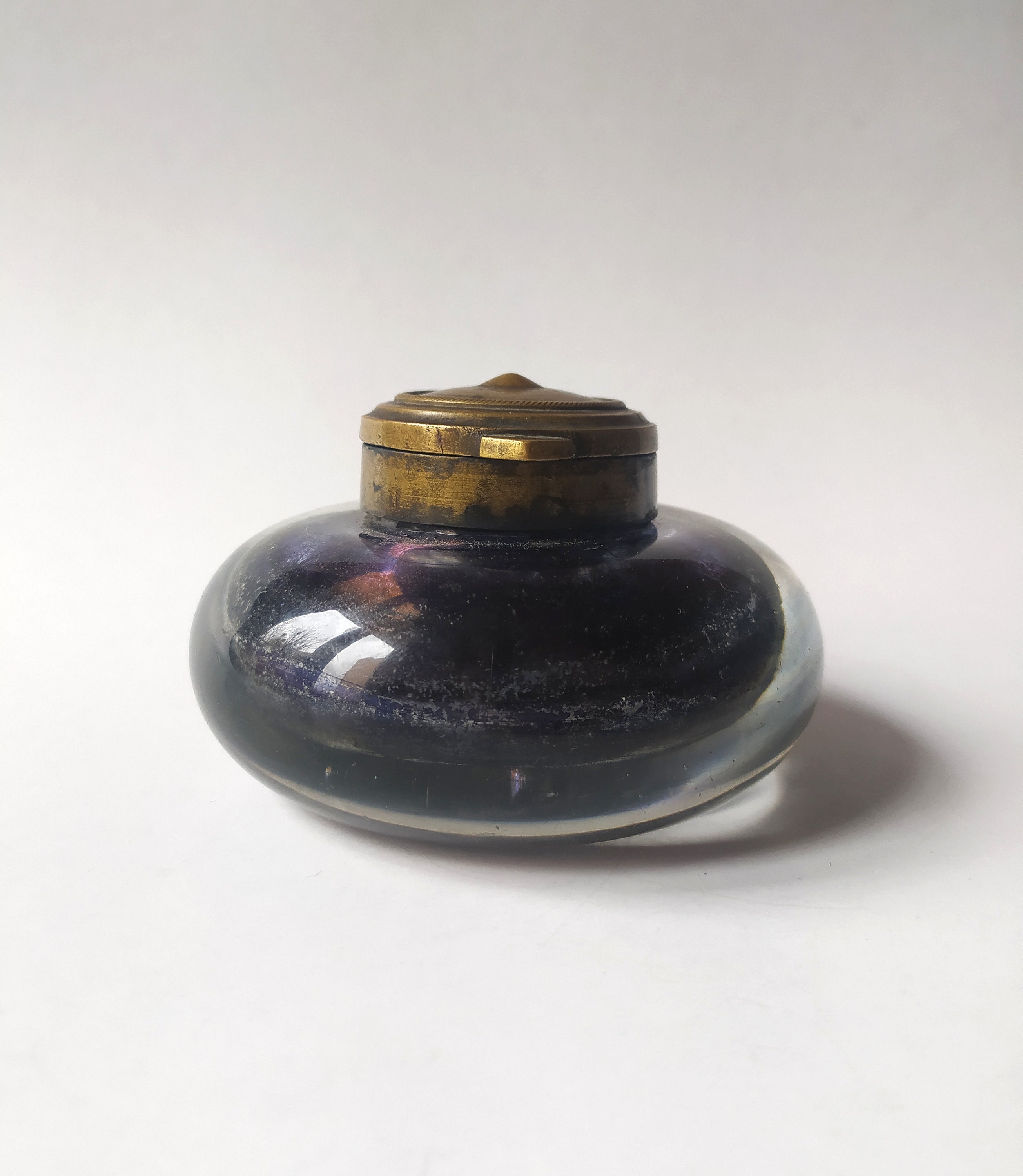 Antique Heavy Clear Glass and Brass Lid Inkwell / Thick Round Ink Well ...