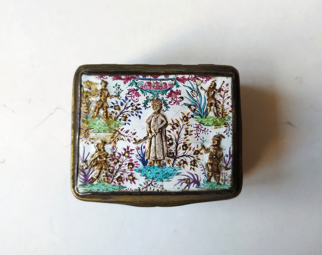 Antique German Gilded Enamel Snuff Box / European Gilt Metal Mounted ...