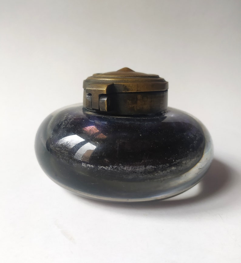 Antique Heavy Clear Glass and Brass Lid Inkwell / Thick Round Ink Well ...