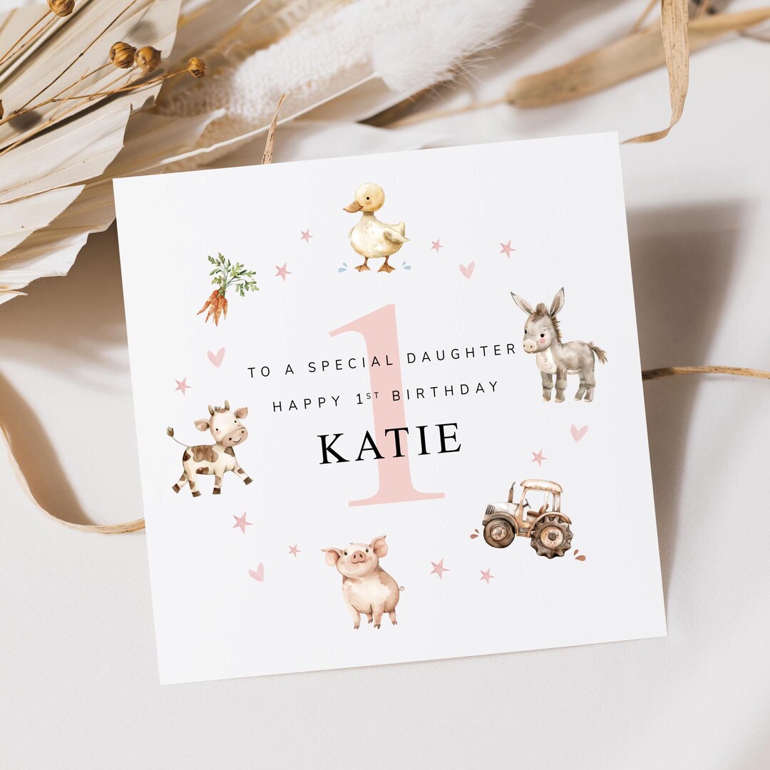 Farm Animal First Birthday Card for Girl | Personalised 1st Birthday ...