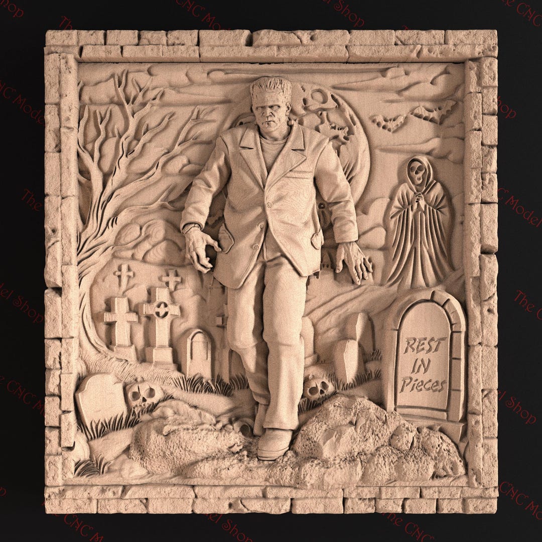 Frankenstein in Cemetery Scene 3D STL Relief File for CNC Carving ...