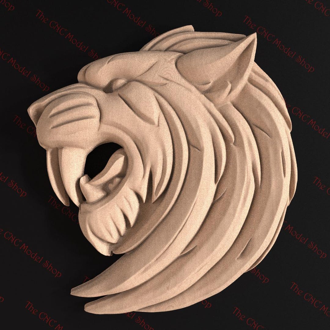 Roaring Sabertooth Cat Head Logo 3D Relief STL File for CNC Router or ...