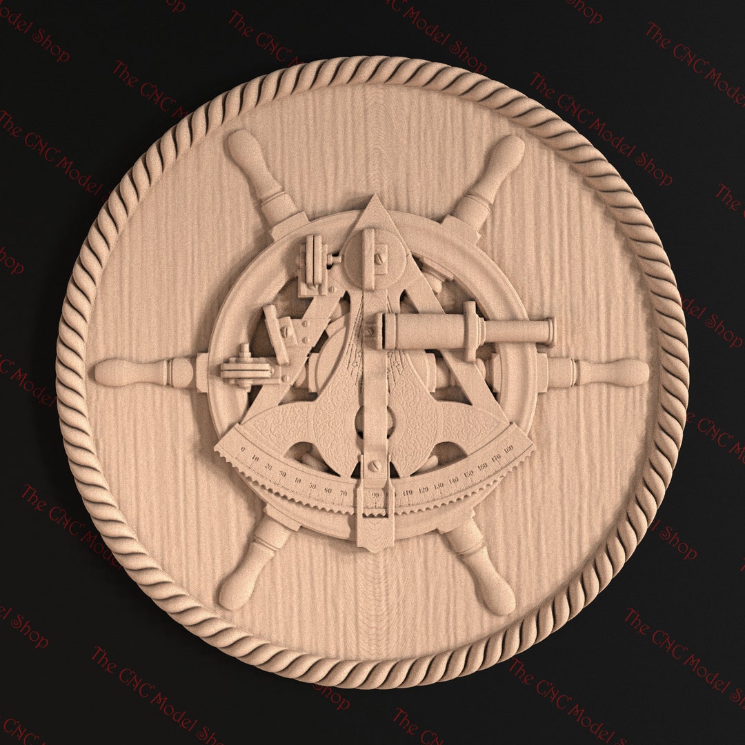 Nautical Emblem With Ship's Wheel and Sextant, 3d .stl Relief File for ...