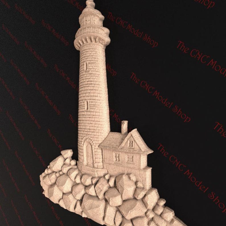 Lighthouse on Rocky Shore 3D Relief STL File for CNC Router Carving or ...