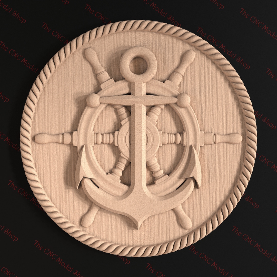 Nautical Emblem With Ship's Wheel and Anchor, 3d .stl Relief File for ...