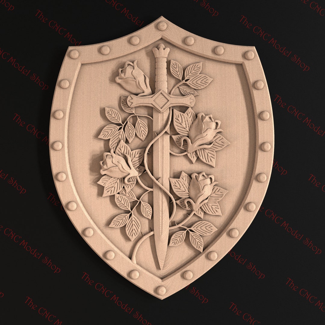 3D Relief STL File of Shield, Sword and Roses for CNC Carving - Etsy