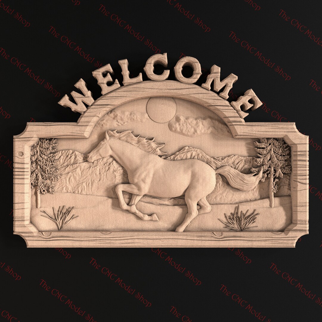 3D Relief STL File of a Welcome Sign Featuring a Running Horse for CNC ...