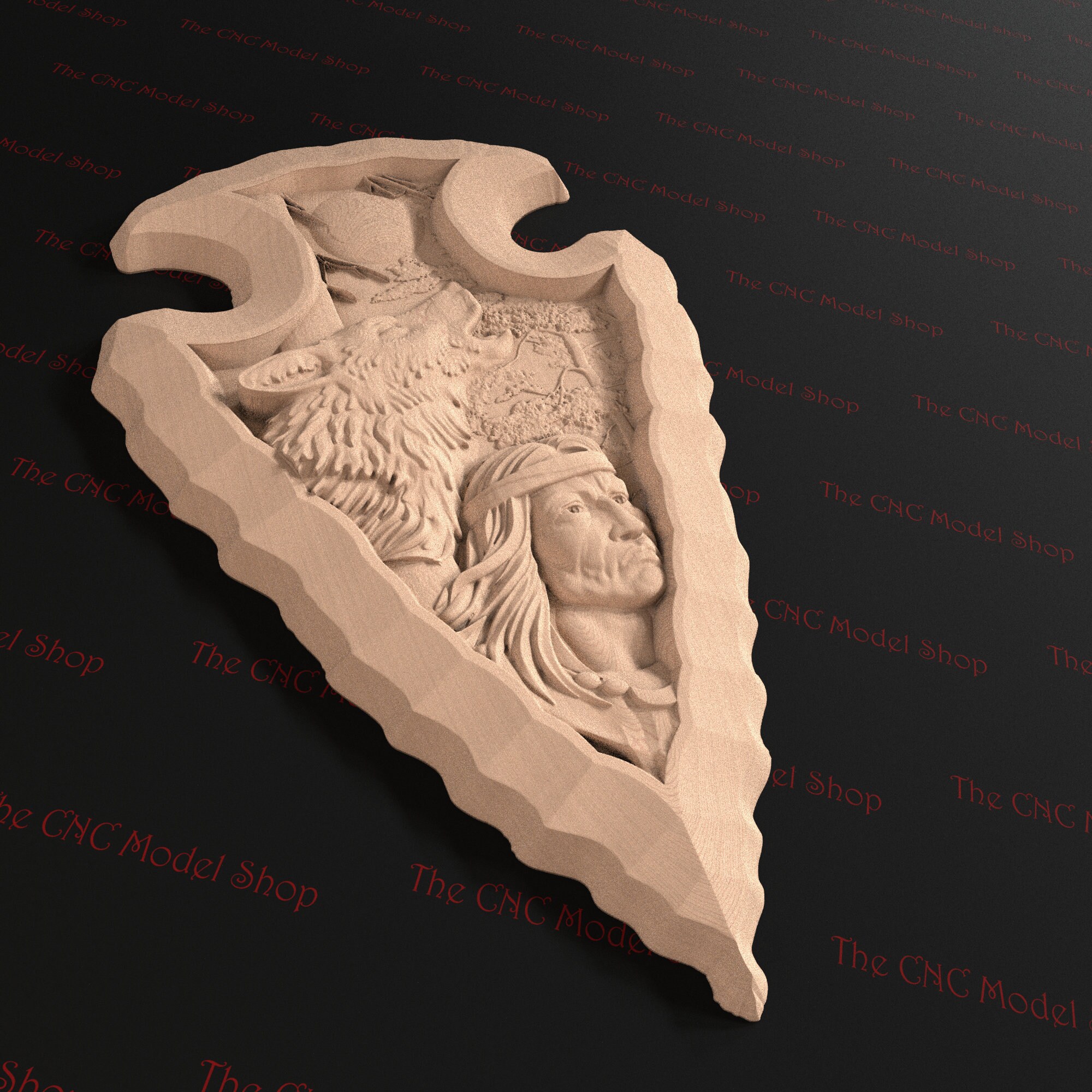 3D STL Relief File of an Arrowhead Artwork Featuring Wolf and Native ...