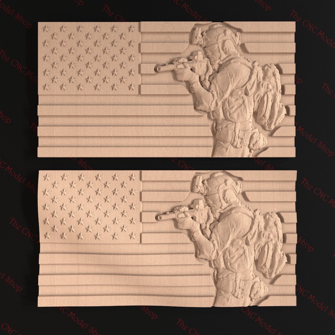 2 Pcs. 3D STL CNC Router File of the American Flag With Soldier for CNC ...