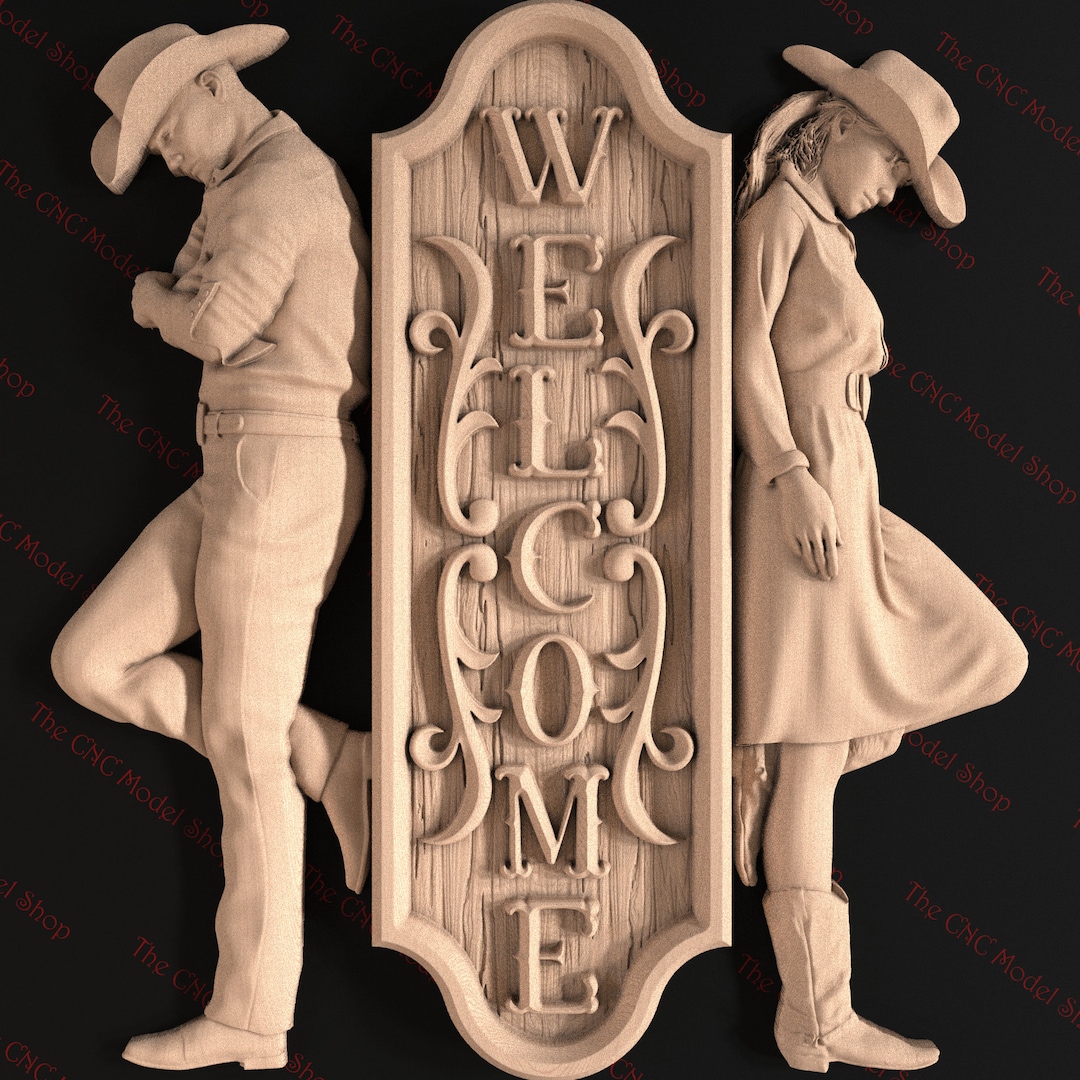 3D Relief STL File of a Welcome Sign With Cowboy and Cowgirl Leaning ...