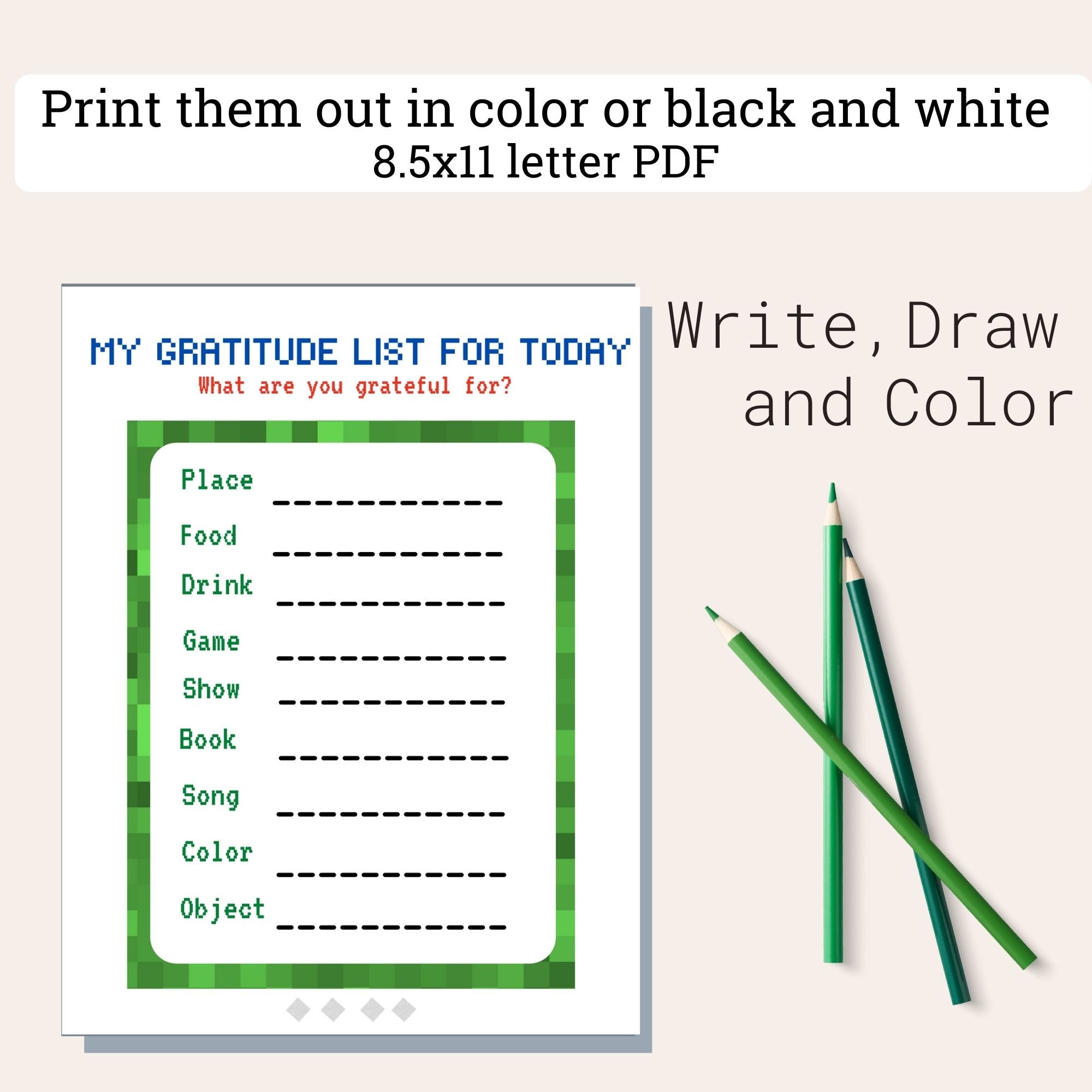 Minecraft Daily Gratitude Journal for Kids, Printable Summer Activity ...