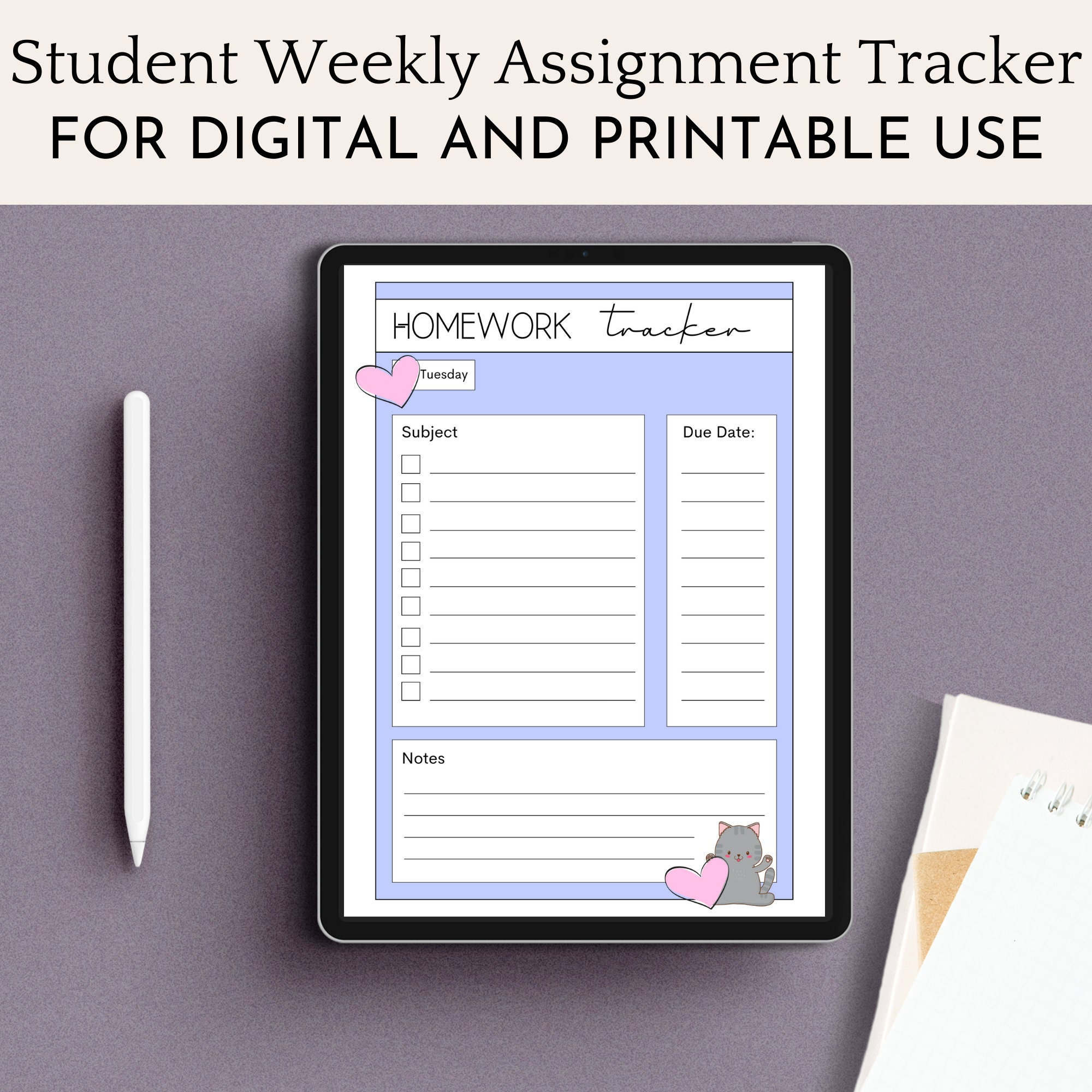 Cute Kawaii Cat Student Weekly Homework Tracker Printable - Etsy