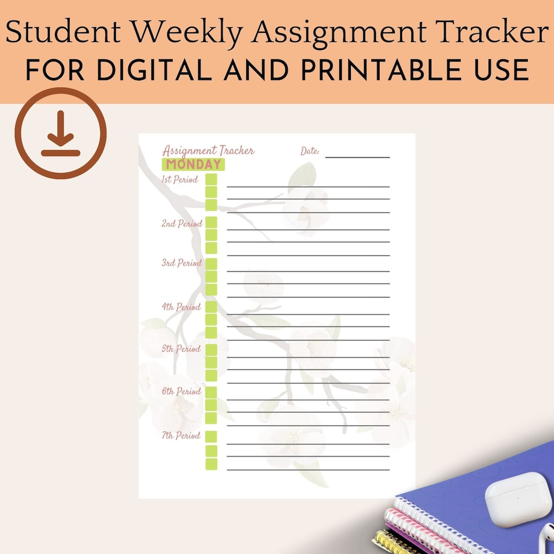 Student Weekly Homework Tracker Printable | Digital Student Planner ...