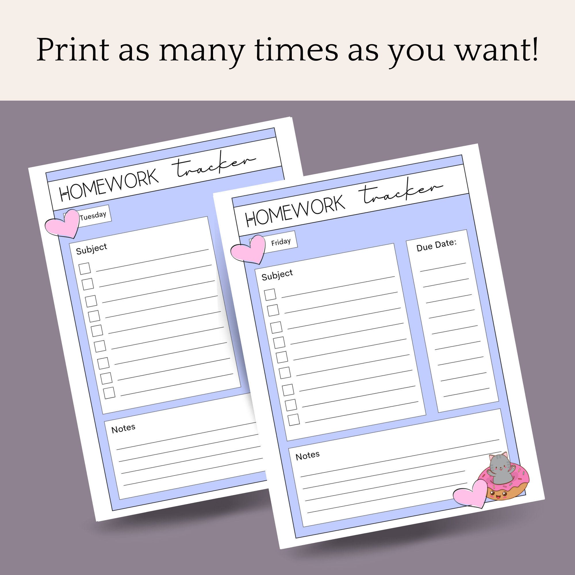 Cute Kawaii Cat Student Weekly Homework Tracker Printable - Etsy