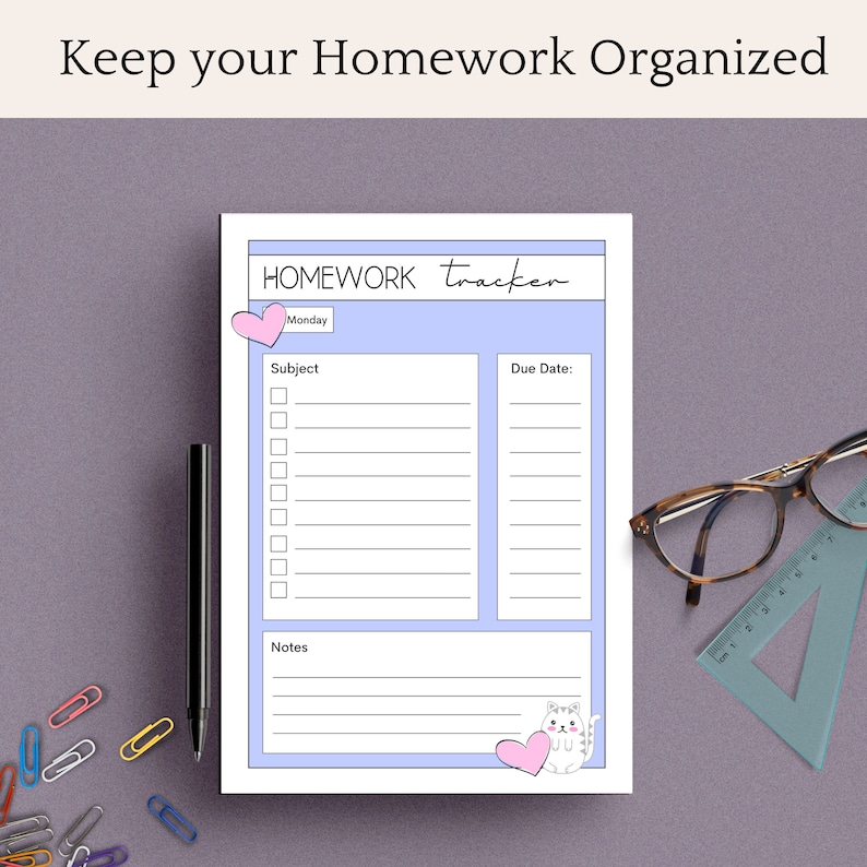 Cute Kawaii Cat Student Weekly Homework Tracker Printable | Digital ...
