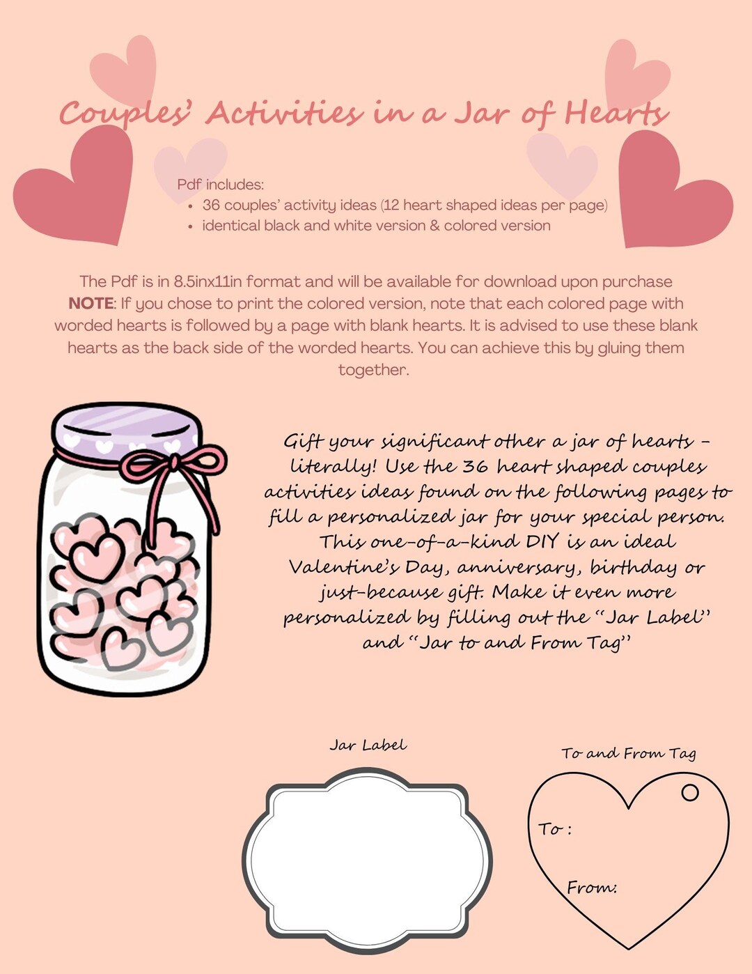 Couples' Activities in a Jar of Hearts - Etsy