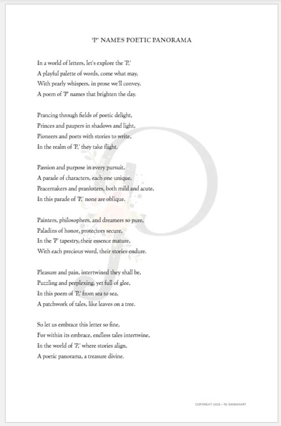 P Names Poetic Panorama Downloadable Customizable Original Poetry Ode ...