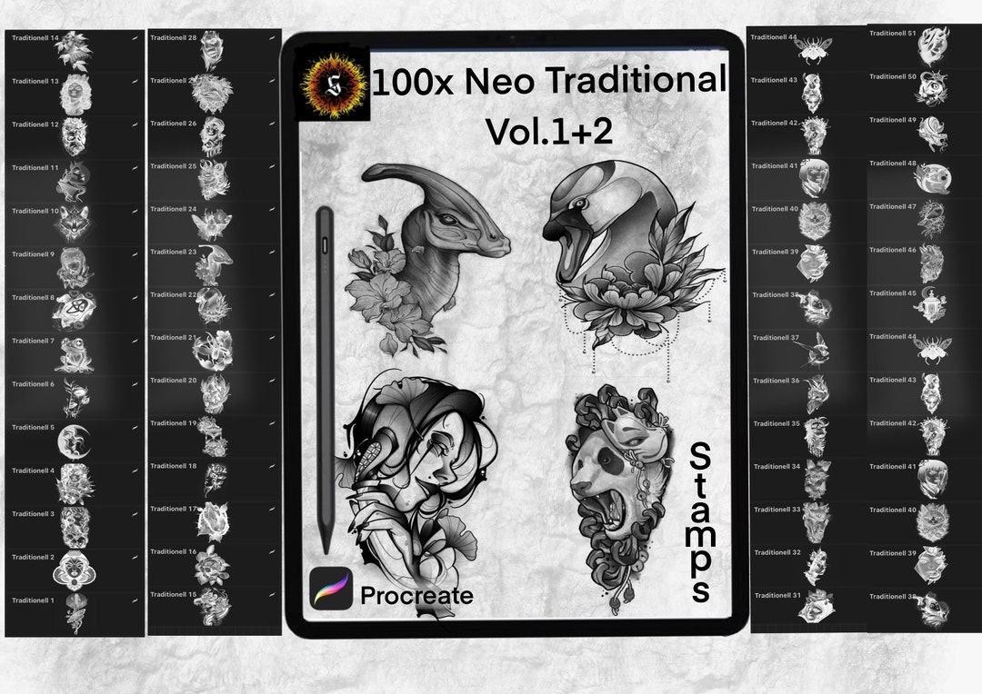 100 Neo Traditional Tattoo Stamp Pack Vol. 12 iPad Procreate Neo Tattoo ...