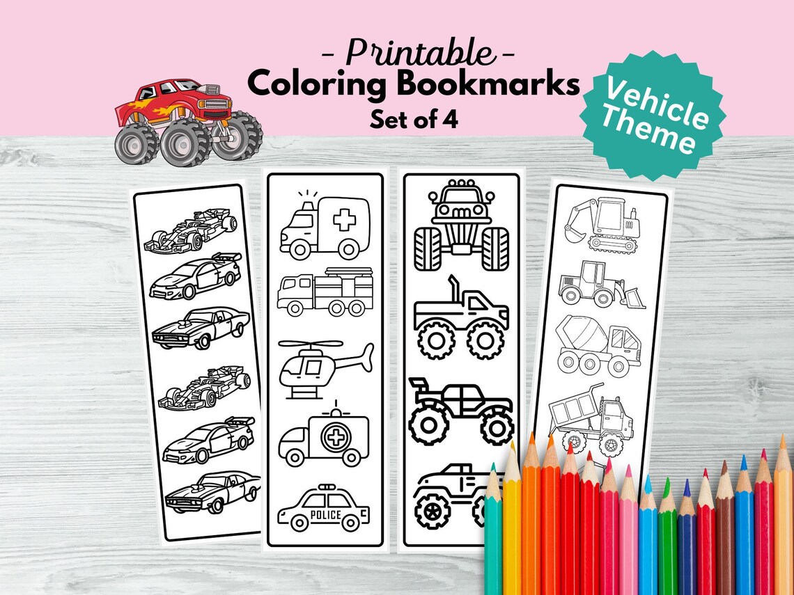 Printable Coloring Vehicle Bookmarks Kids Racecar Monster Truck ...