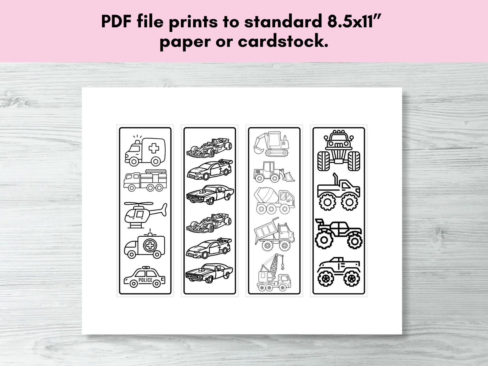 Printable Coloring Vehicle Bookmarks | Kids Racecar Monster Truck ...