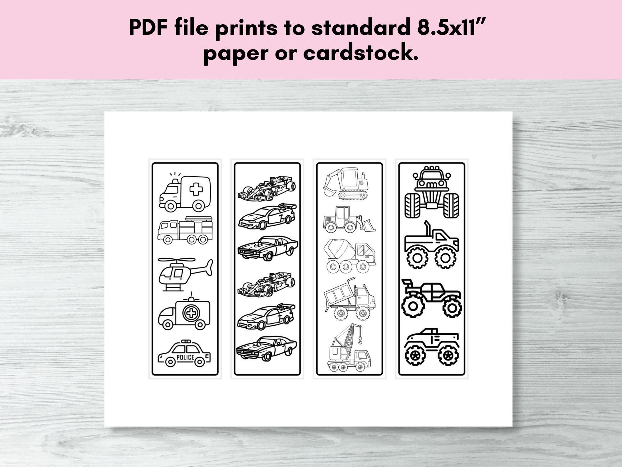 Printable Coloring Vehicle Bookmarks | Kids Racecar Monster Truck ...