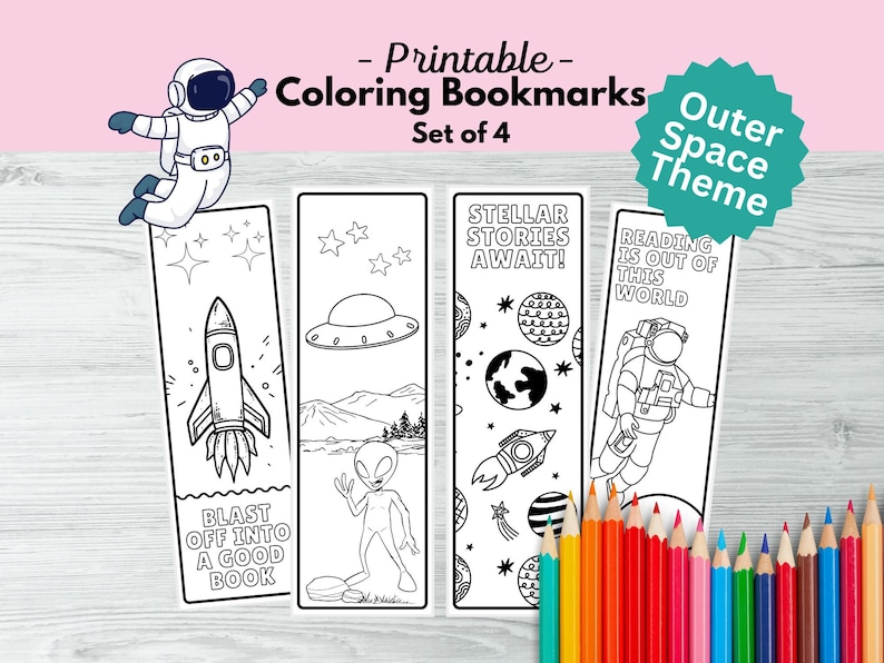 Printable Coloring Outer Space Bookmark Kids Alien and Astronaut ...
