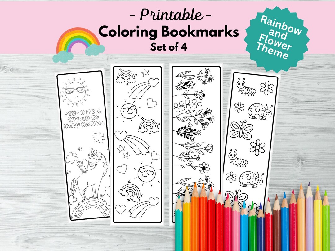 Printable Coloring Rainbow and Flowers Bookmarks Kids Girls Bookmarks ...