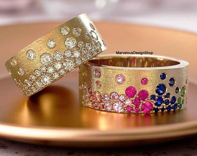 Round Cut Rainbow Gemstone Wedding Band, Flush Set Scattered Diamond ...