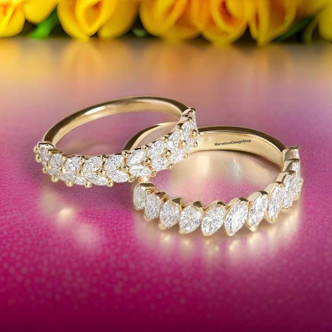Double Row Marquise Cut Moissanite Diamond Band, 5x2.5mm Marquise ...