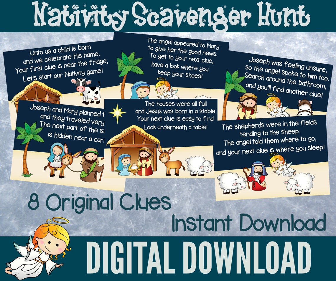 Nativity Scavenger Hunt Clues | Christmas Scavenger Hunt | Christmas ...