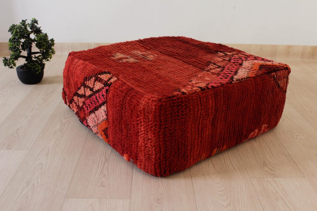 Vintage Moroccan Red Pouf, Kilim Floor Cushion, Square Moroccan ...