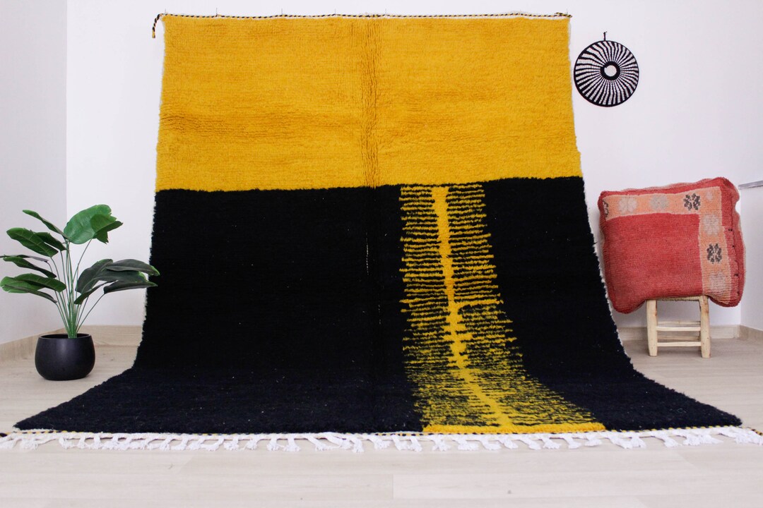 Handwoven Berber Sheep Wool Rug - Black & Yellow Moroccan Decor - Etsy