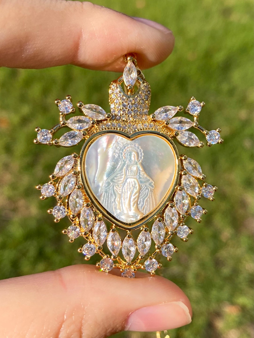 Gold Cubic Zirconia Luxury Jesus Religious Heart Chain Necklace, 15 to ...