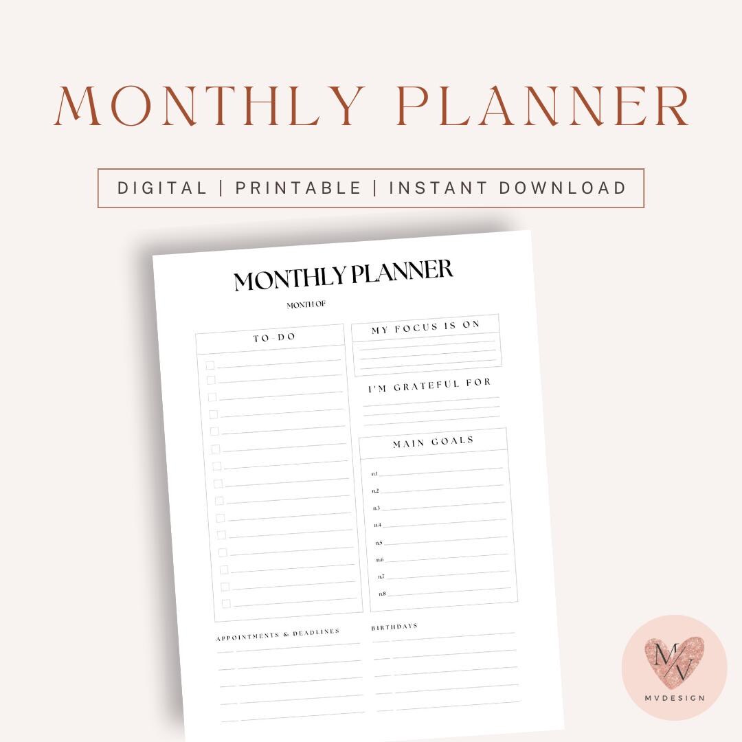 Printable Monthly Planner Tracker | Digital Download | PDF Template - Etsy