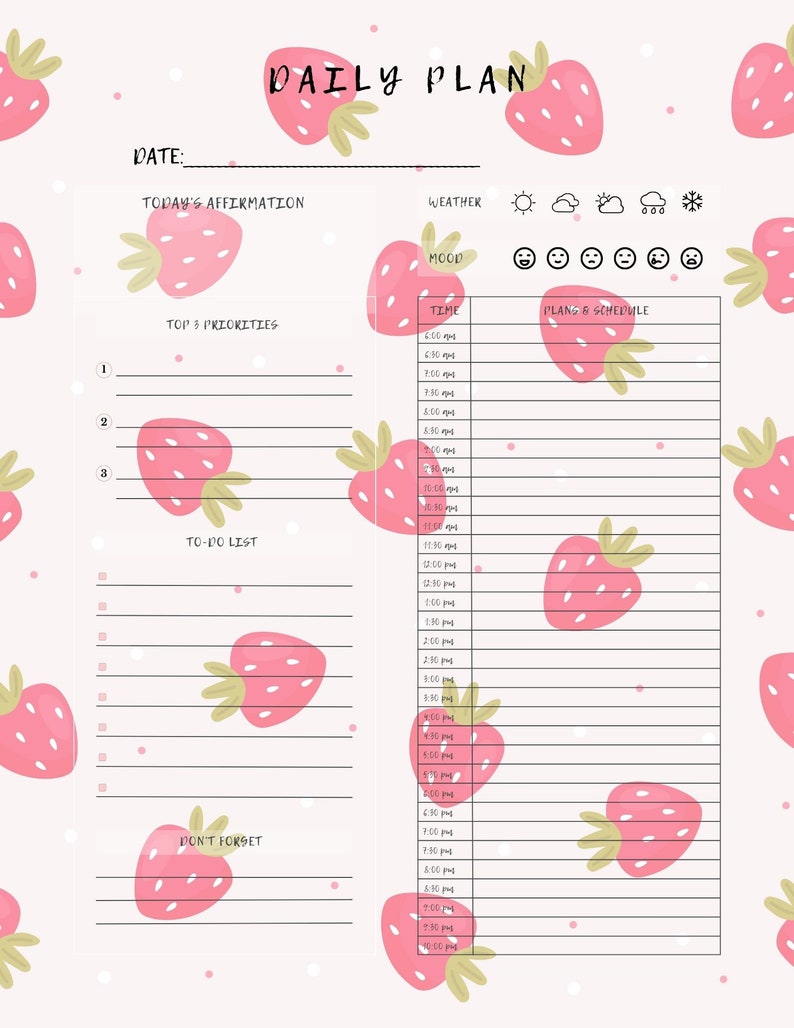 Strawberry Printable Daily Planner - Etsy